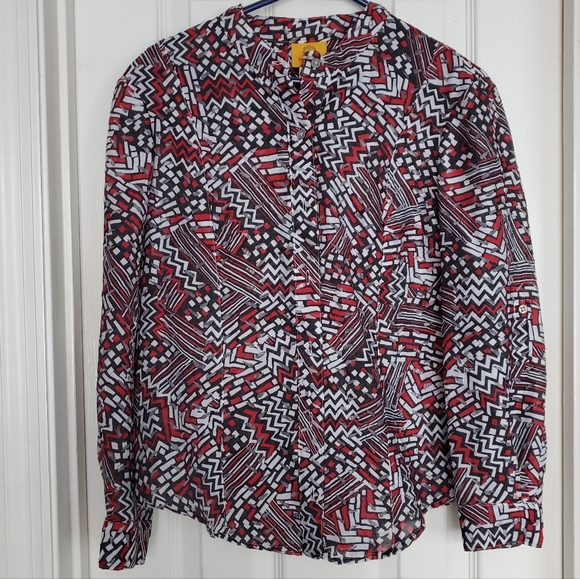 Ruby Rd. | Tops | Ruby Rd Blouse Sheer Mixed Media Geometric Black Red ...